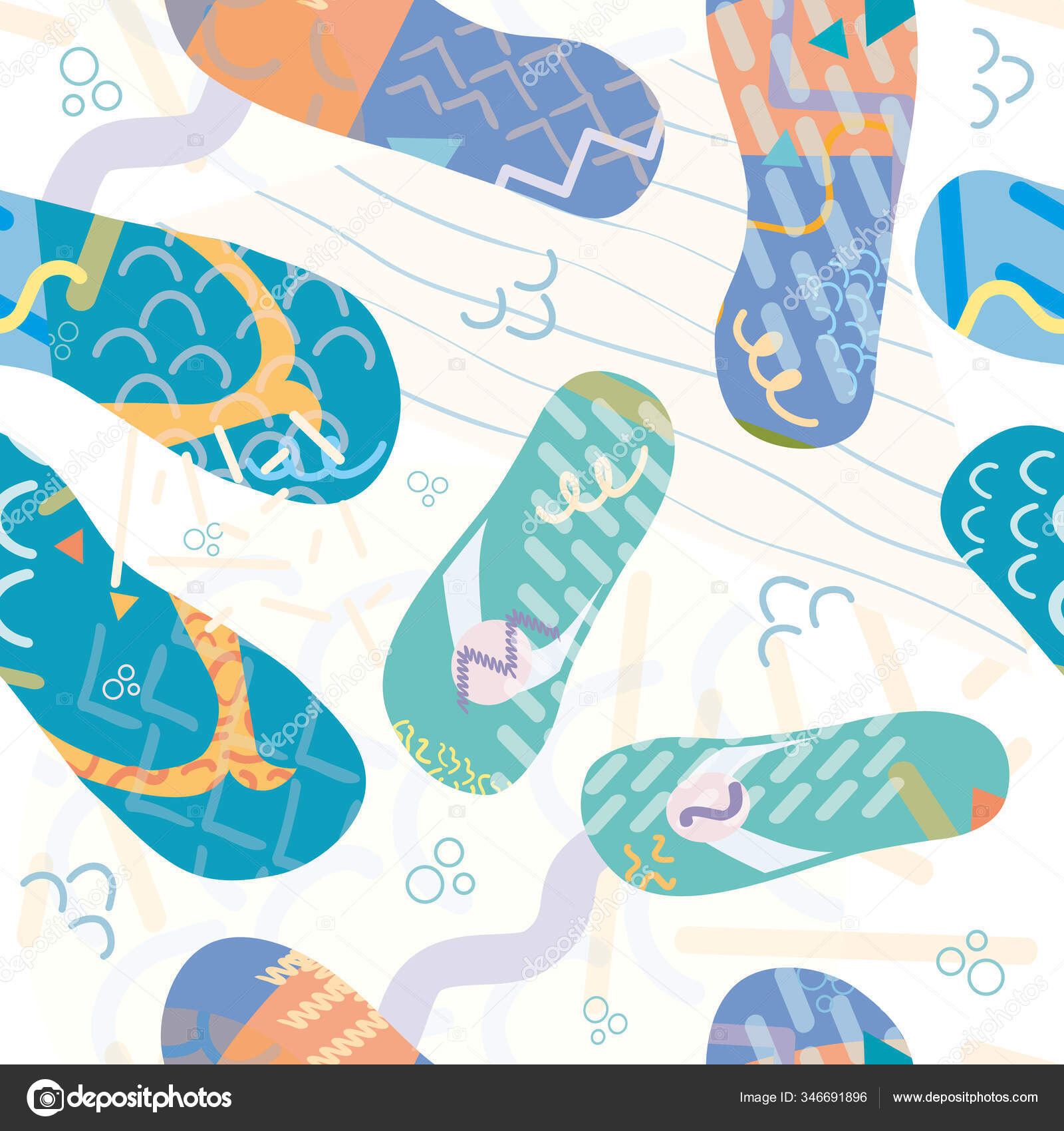 Seamless flip flop shoe vector pattern background. Modern hand drawn Memphis design sandals on ...
