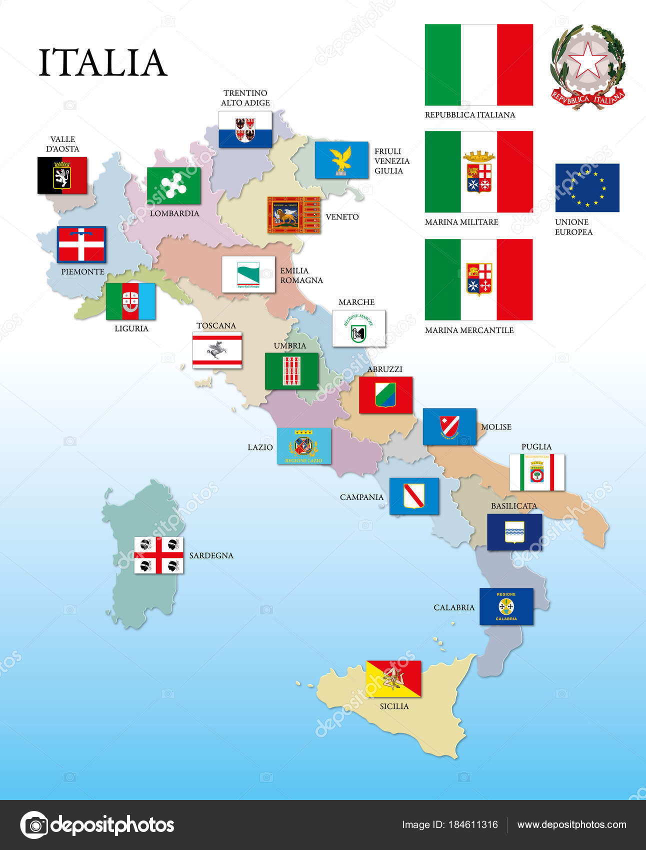 Peta Regional Italia Dengan Bendera Regional Ilustrasi Vektor Vektor ...