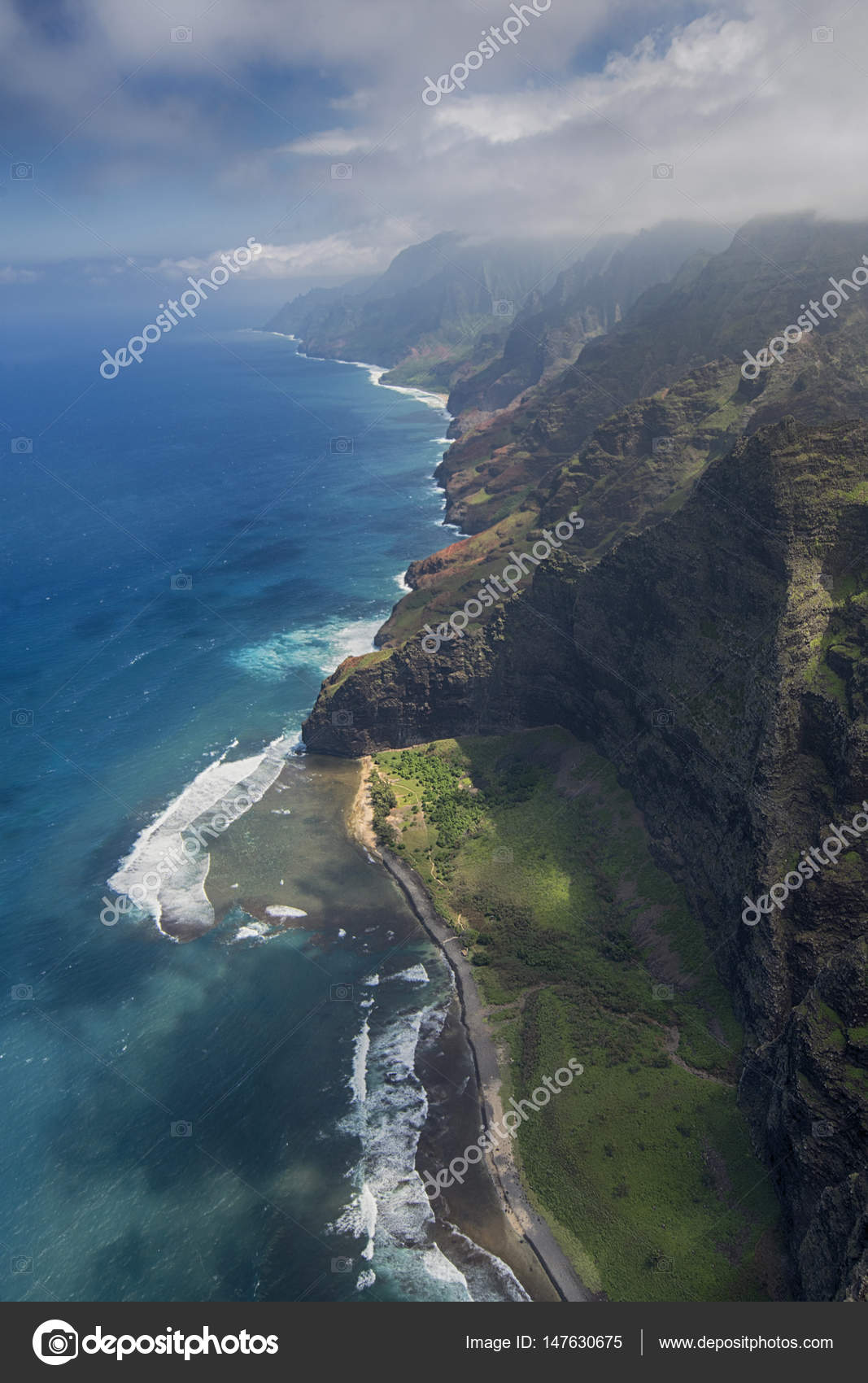 Aerial view of Milolii State Park, Na Pali Coast, island of Kauai ...