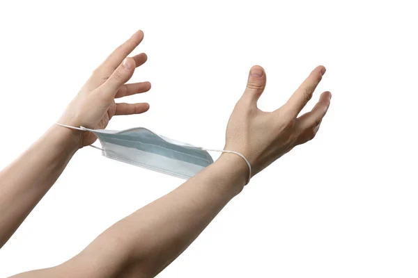 Hands Shackled Medical Mask Lowered Despair Light Background Form ...
