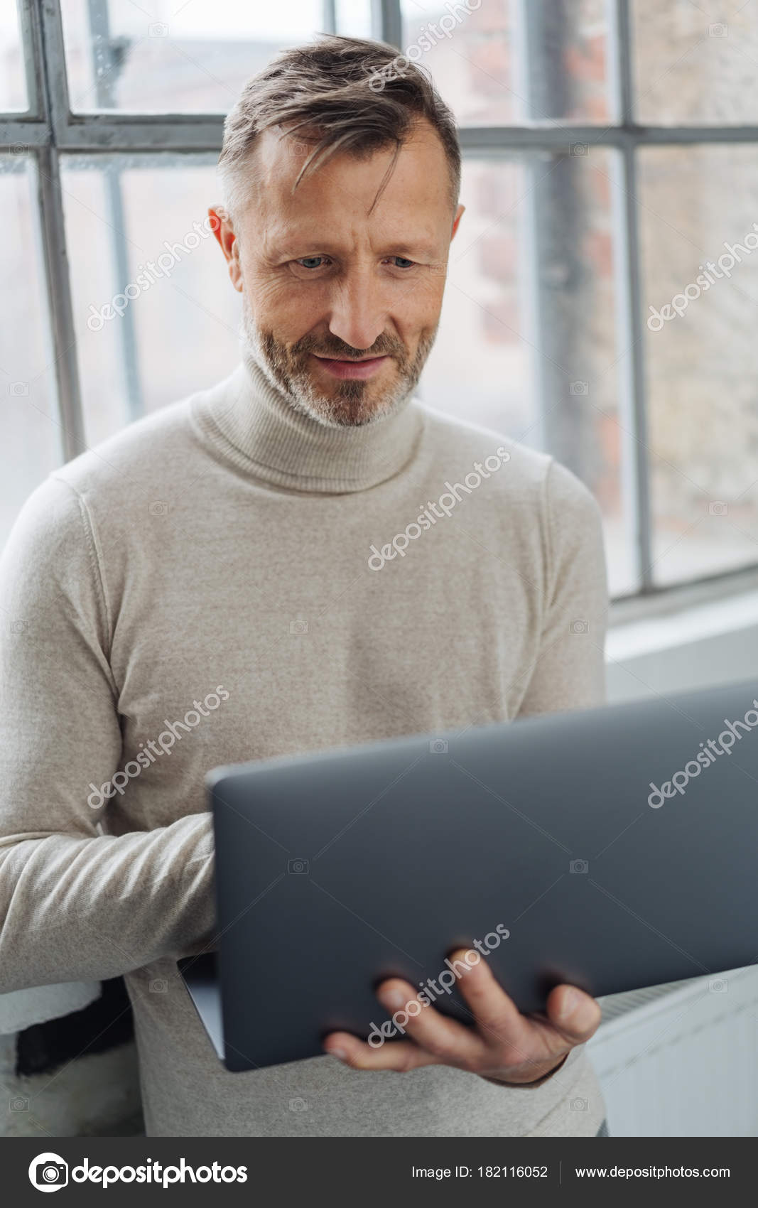 Middle Aged Man Working Handheld Laptop Computer Stands Front Large ...
