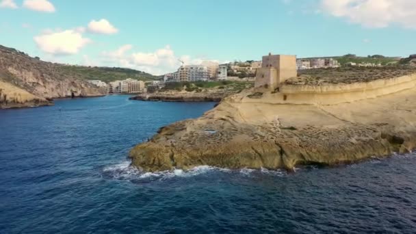Aerial View Xlendi Tower Beach Bay Gozo Island Salt Pans — Stock Video ...