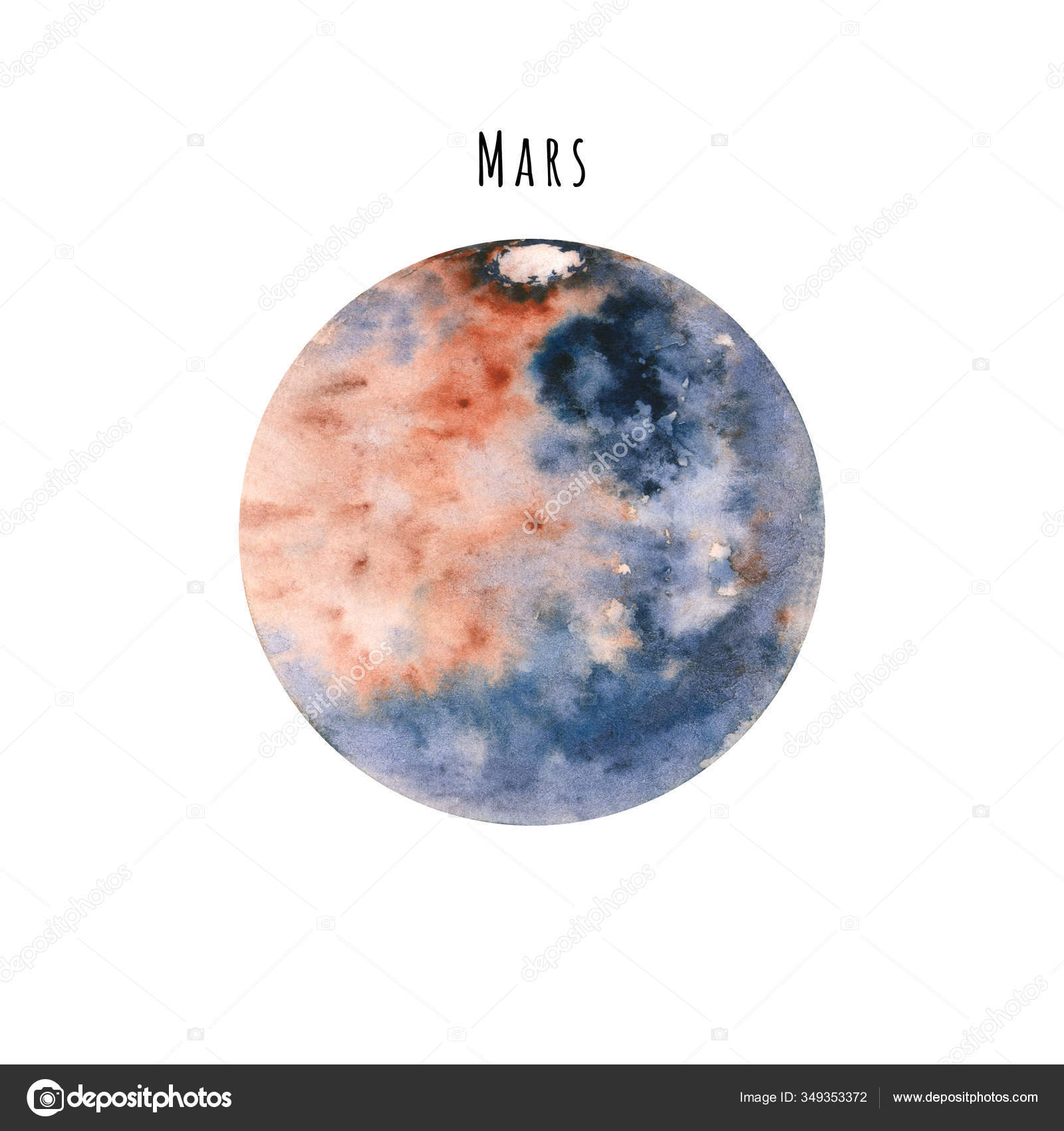 Watercolor Mars Hand Drawn Illustration Isolated White Painted Planet ...