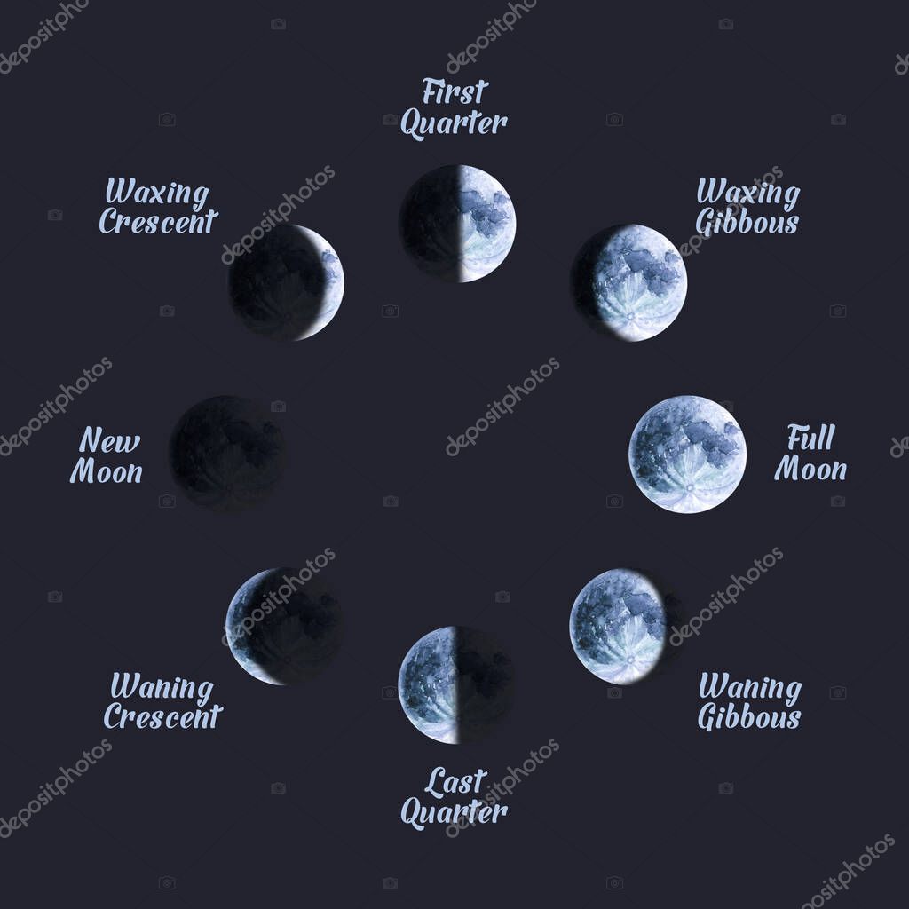Fases de la luna acuarela. Ilustración hecha a mano. Ciclo de lunación ...