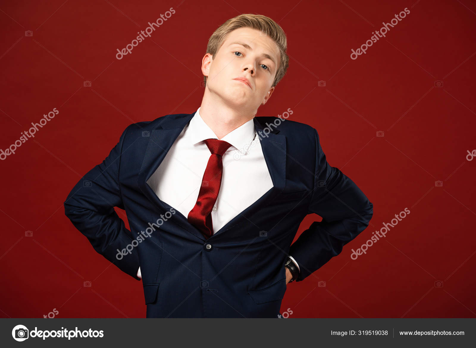 Confident Man Imitating Donald Trump Red Background — Stock Photo ...
