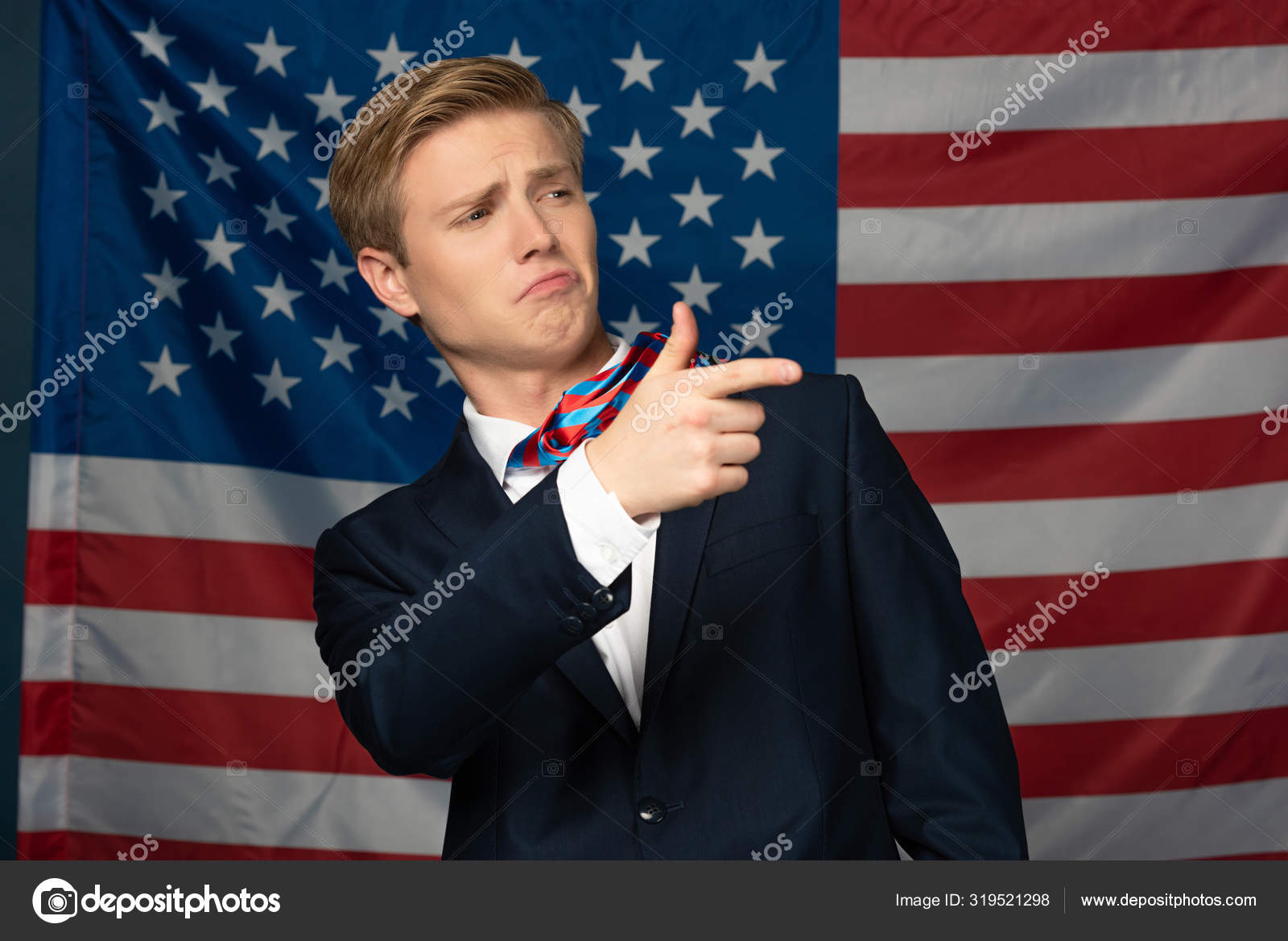 Man Pointing Finger Away American Flag Background — Stock Photo ...