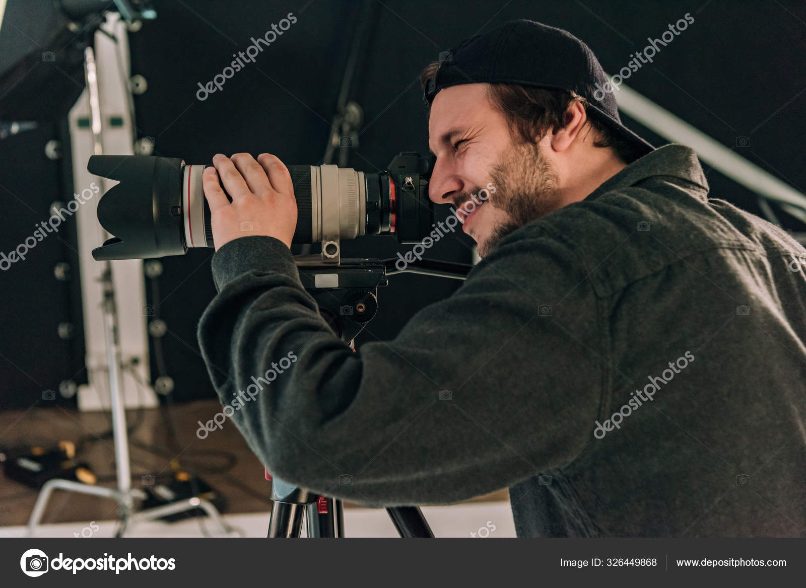 Side View Smiling Cameraman Camera Workplace — Stock Photo ...
