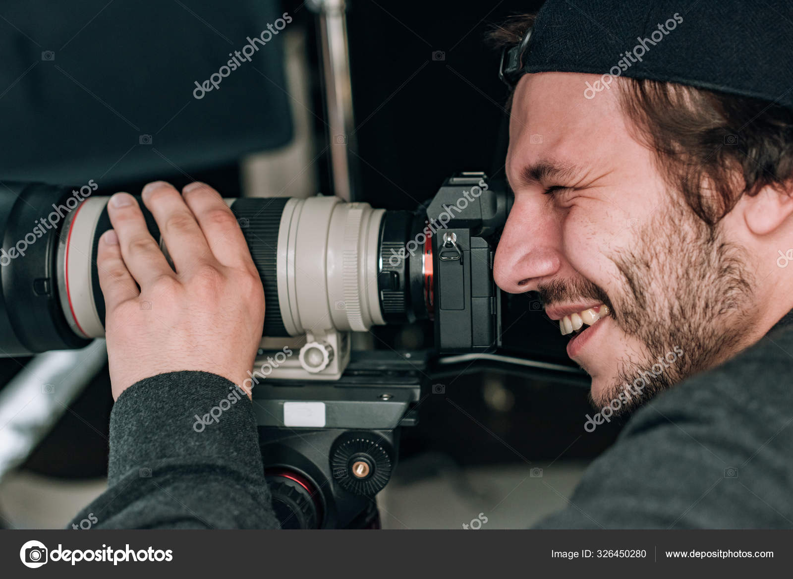 Side View Smiling Handsome Videographer Camera — Stock Photo ...