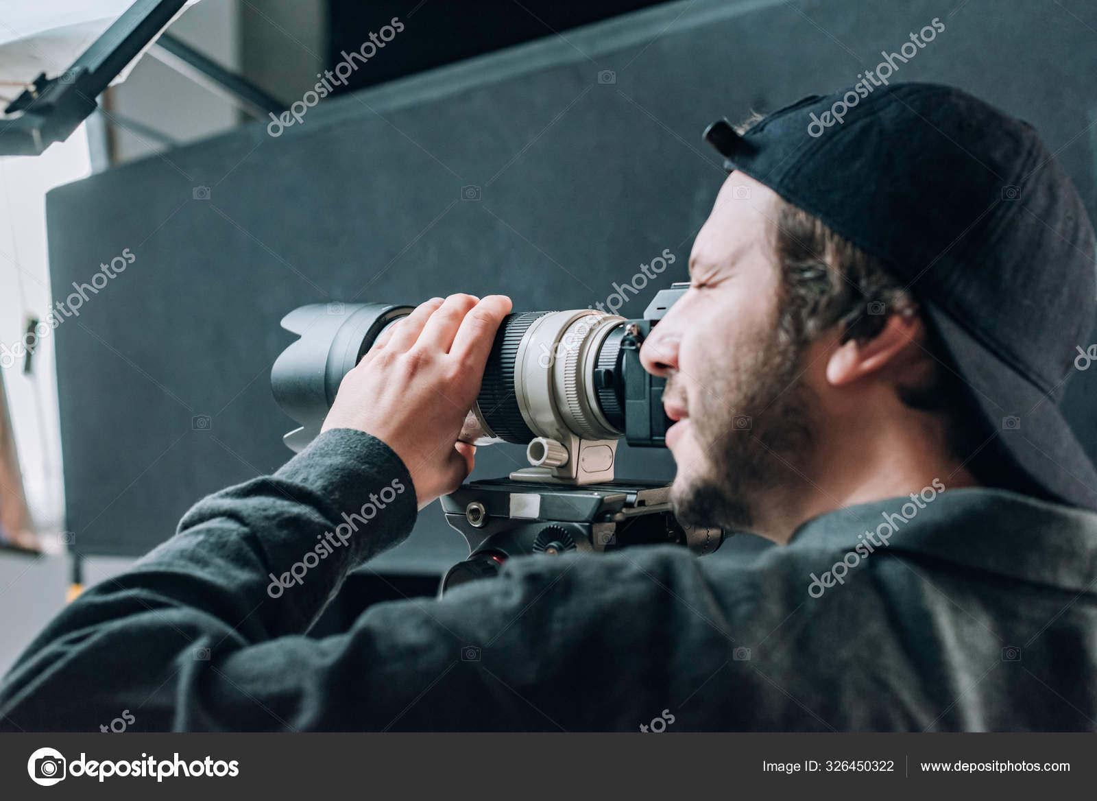 Side View Handsome Cameraman Working Photo Studio Stock Photo by ...