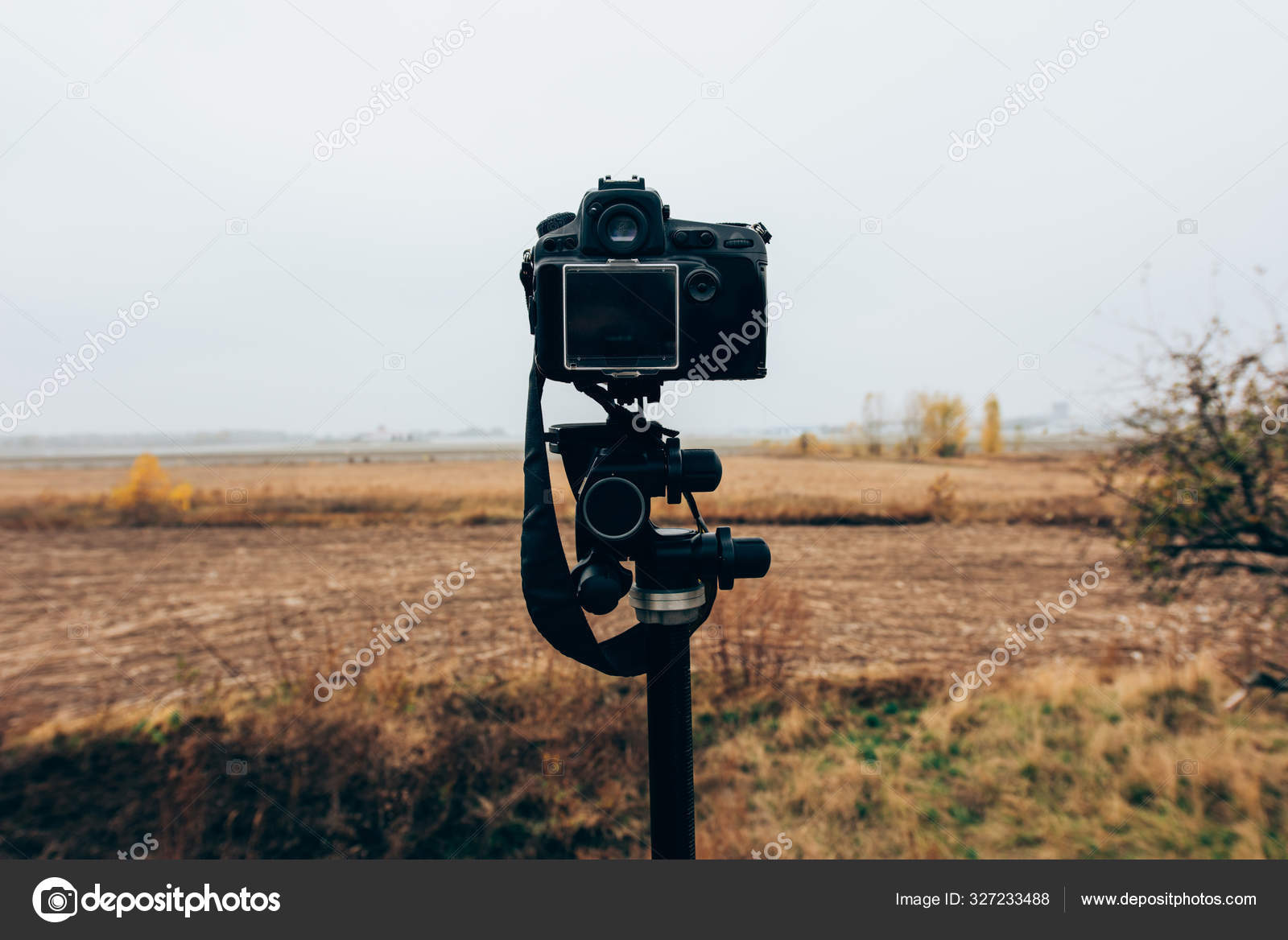 Selective Focus Digital Camera Tripod Grassy Field — Stock Photo ...