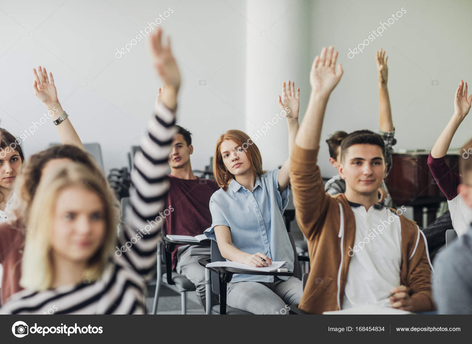 Students Rising Hands to Answer The Question — Stock Photo ...
