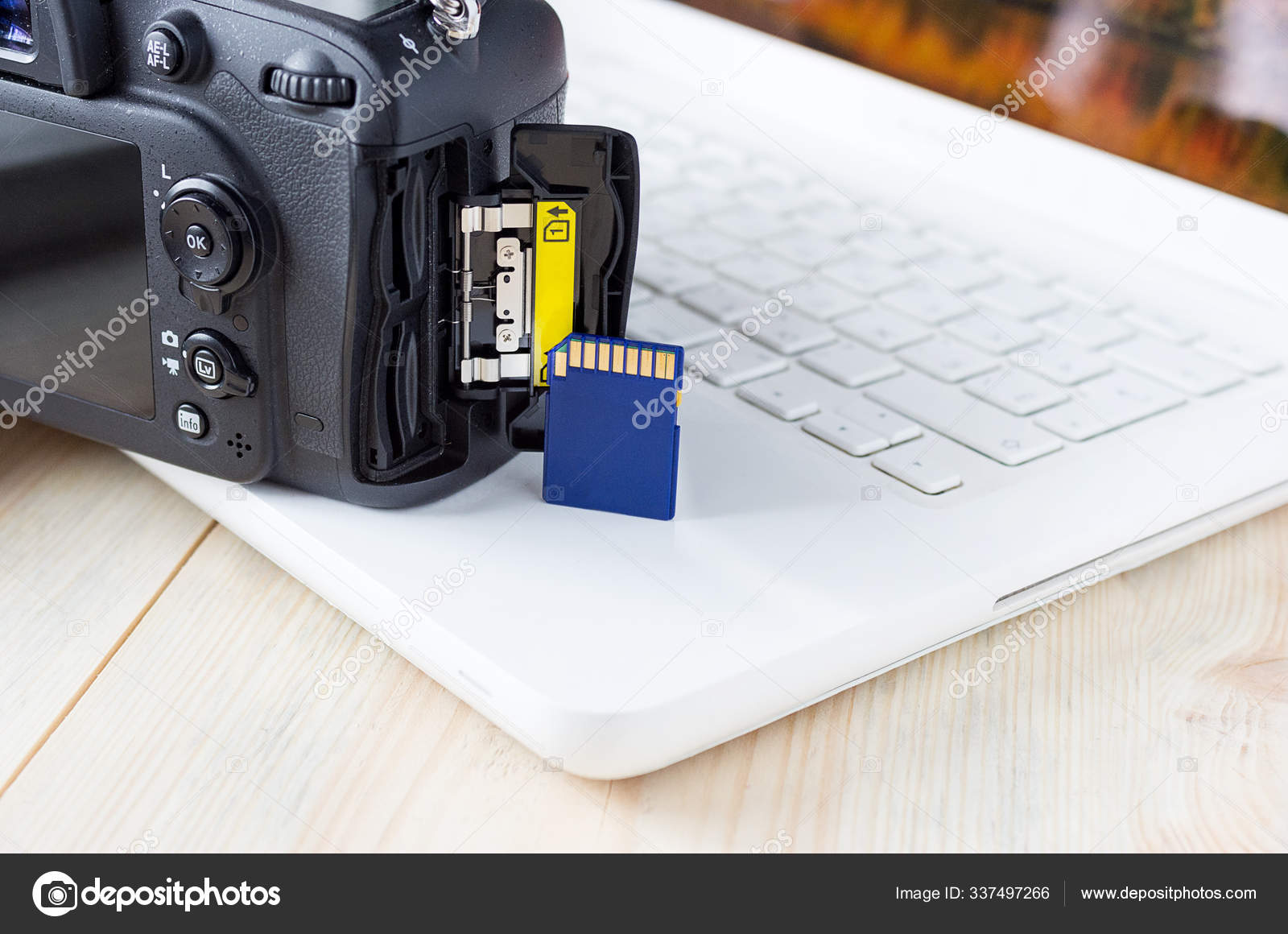 Flash Card Hand Camera Laptop Background Memory Card Slr Camera Stock ...