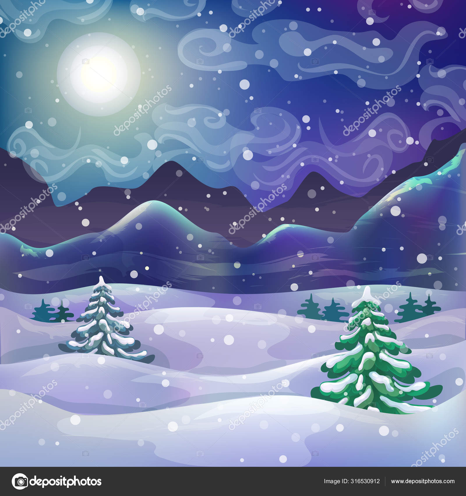 Winter wonderland night background with snowfall snowy forest and ...