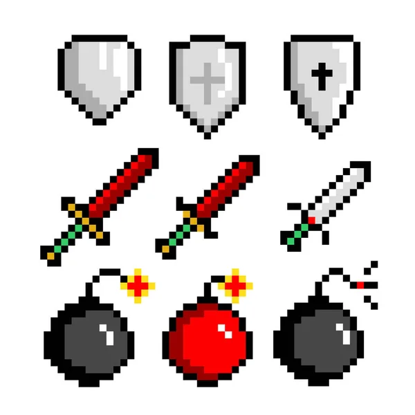 8-bit pixel graphics icon set. 46 different objects used in games. Game assets. Isolated vector ...