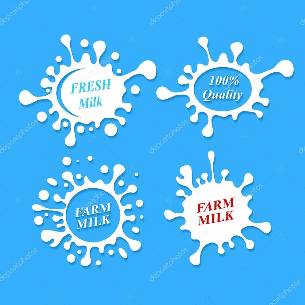 Leche etiquetas vector conjunto. Diseño de salpicaduras y manchas ...