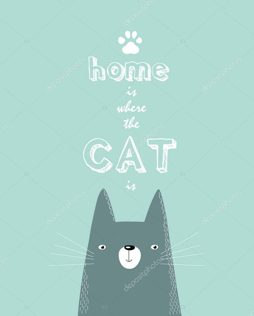 cartel del vector "casa donde está el gato". Gato gris. Cara de gato ...