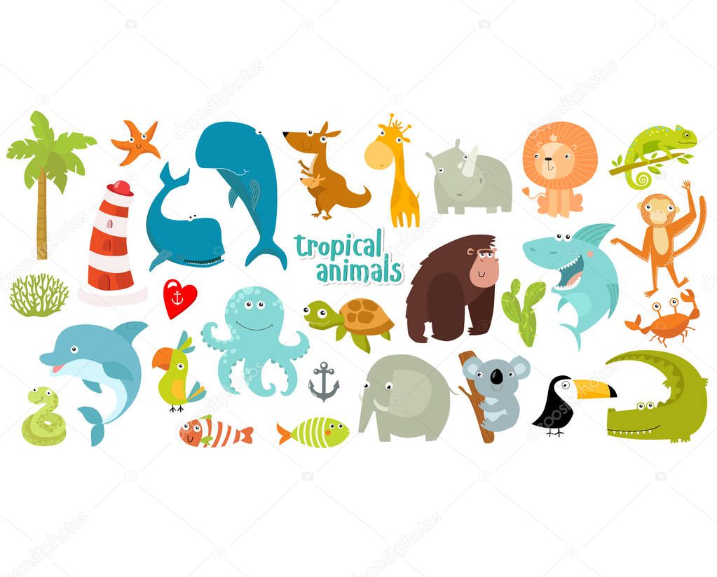 Gran conjunto de animales vectoriales. Animales tropicales. animales de dibujos animados. león ...