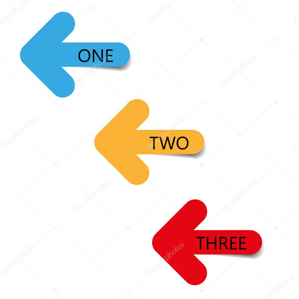 Uno, dos, tres, flechas de tela de color con sombra sobre fondo blanco 2024