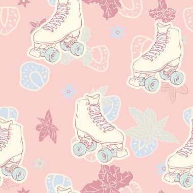 Vector Vintage Pink Roller Skates with Cherry Doodles seamless pattern ...