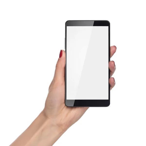 femme isolé main qui tient le téléphone tablette tactile ordinateur ...