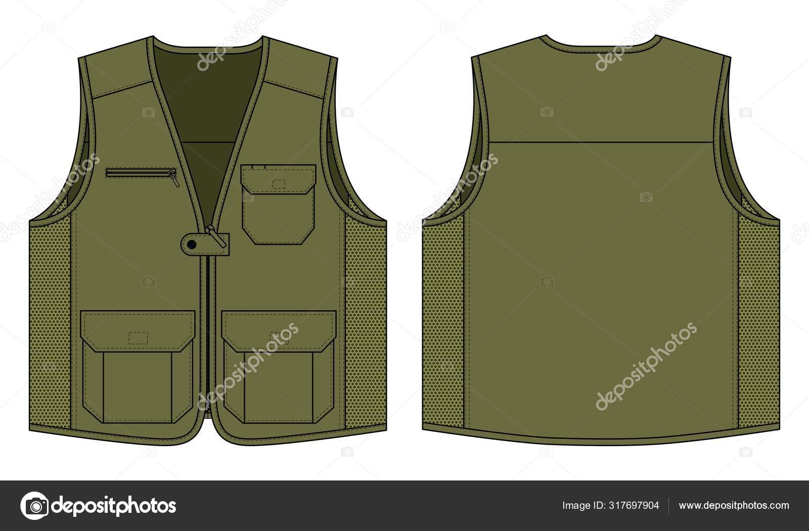 Olive Green Vest Multi Pocket Template White Background Front Back ...