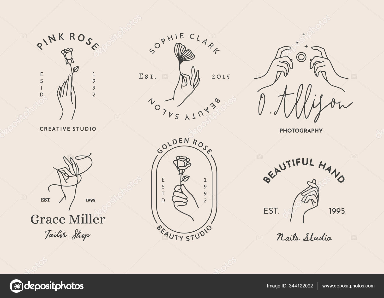 A set of women's hand logos in a minimalistic linear style. Vector ...