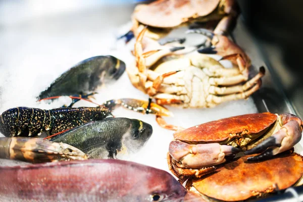 Seafood assortment at market stall — Stock Photo © Zakharova #160629146