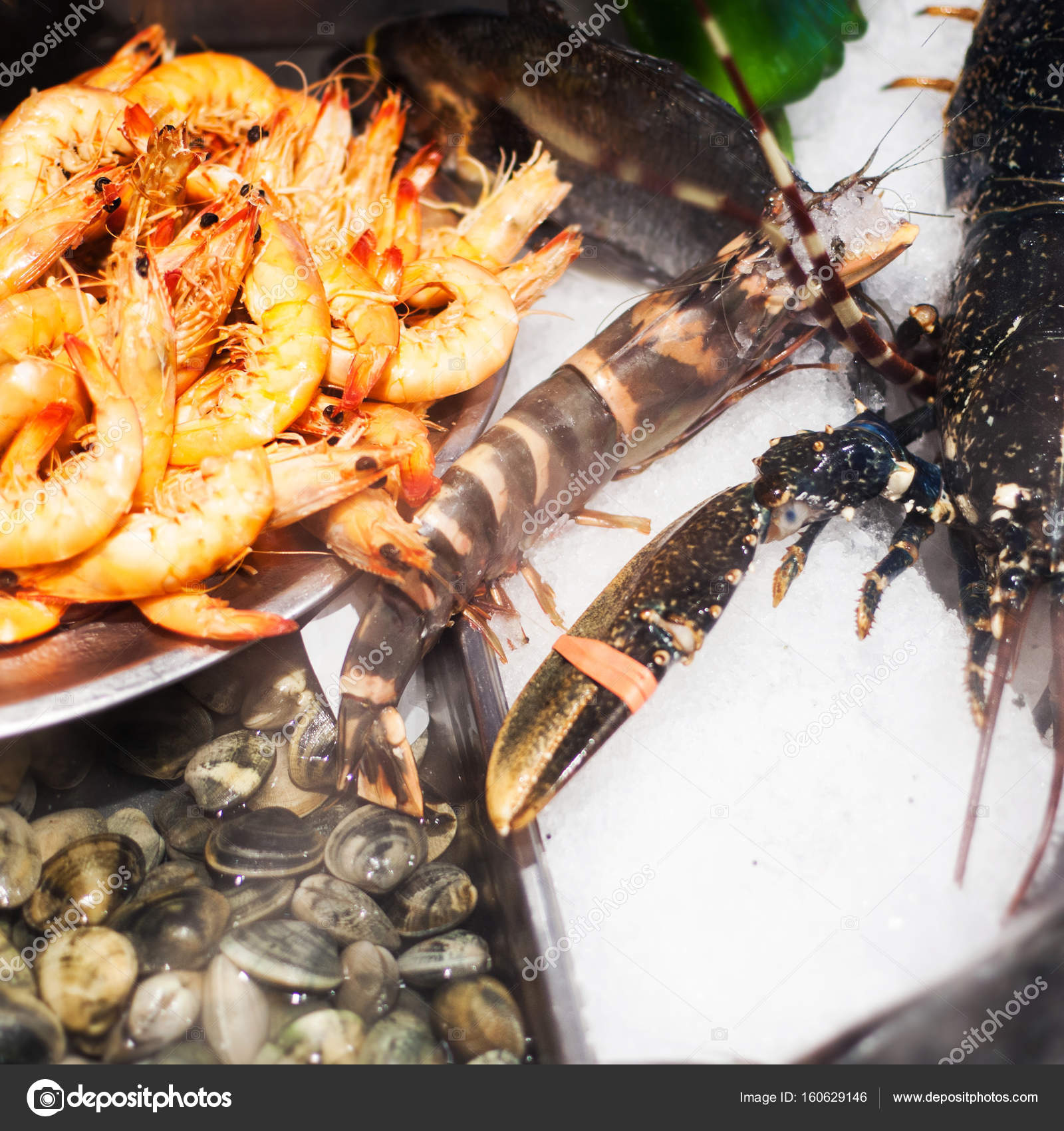 Seafood assortment at market stall — Stock Photo © Zakharova #160629146