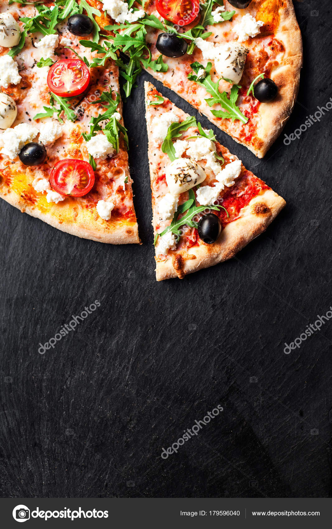Hot Pizza Slice Melted Mozzarella Cheese Tomato Black Concrete ...