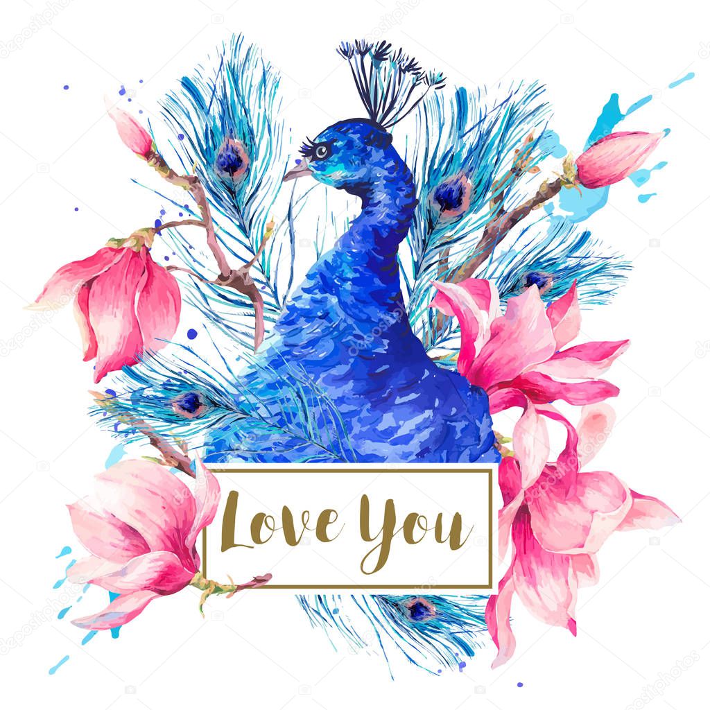 Vector Vintage Peacock with Flowers Magnolia — Stock Vector © Depiano ...