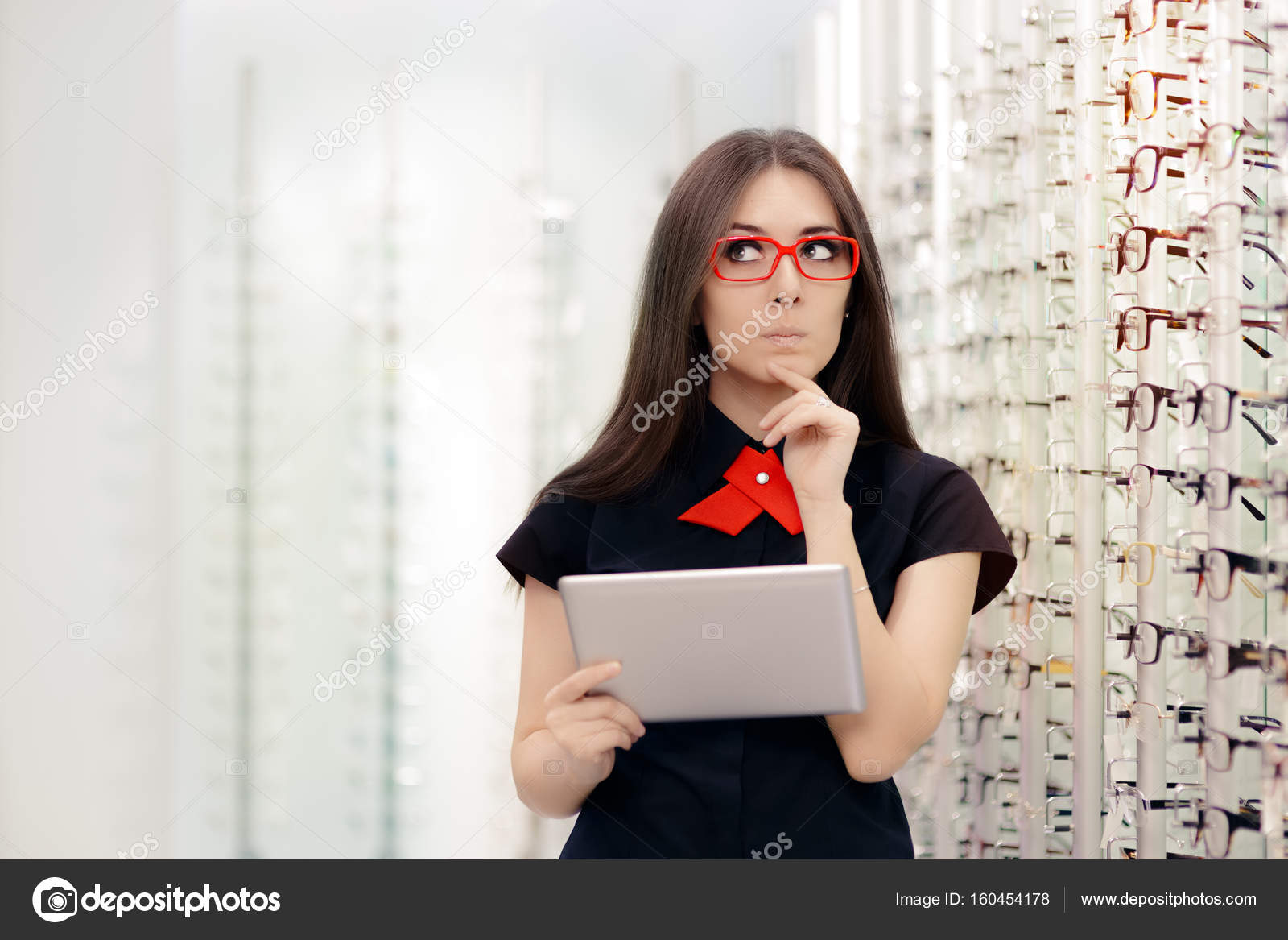Undecided Woman with PC Tablet in Optical Store Stock Photo by ...
