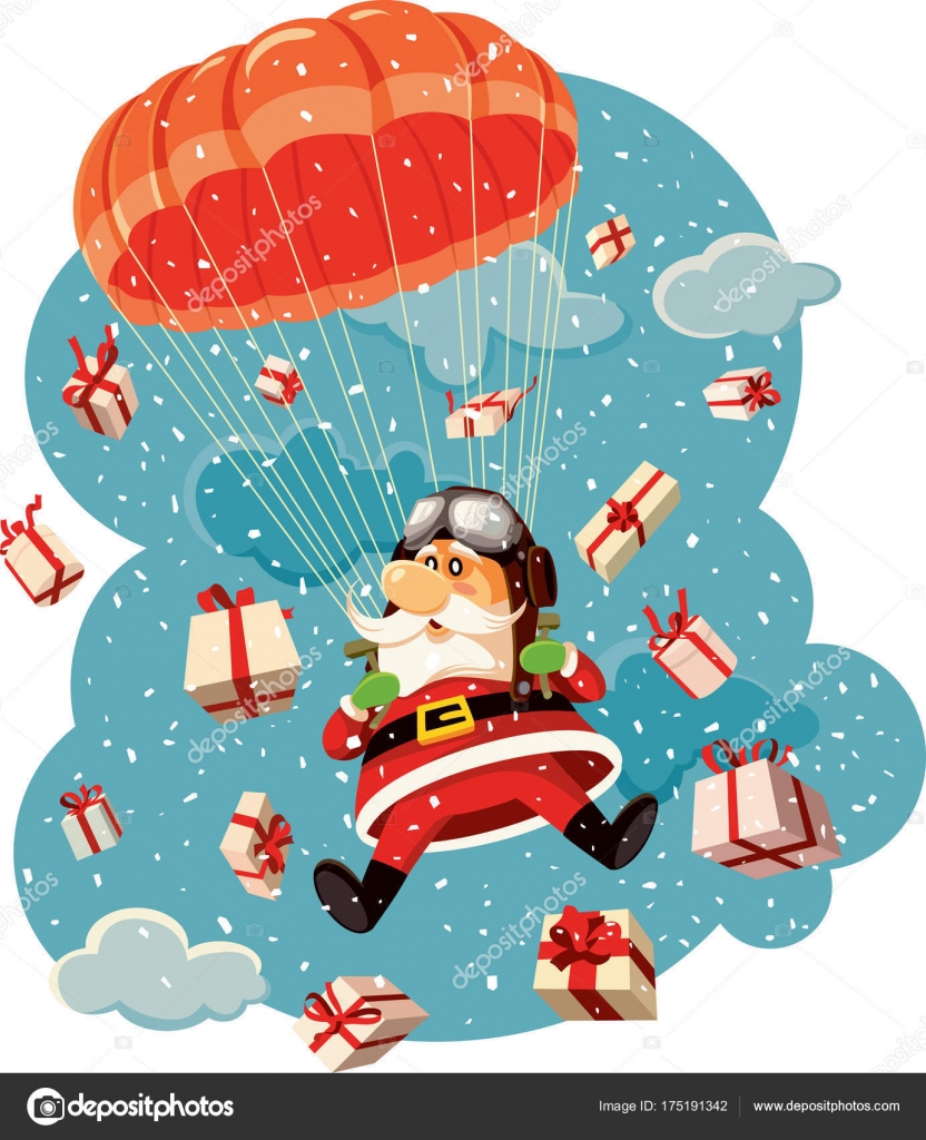 Santa Claus Flying Parachute Surrounded Gifts Vector Illustration Stock ...