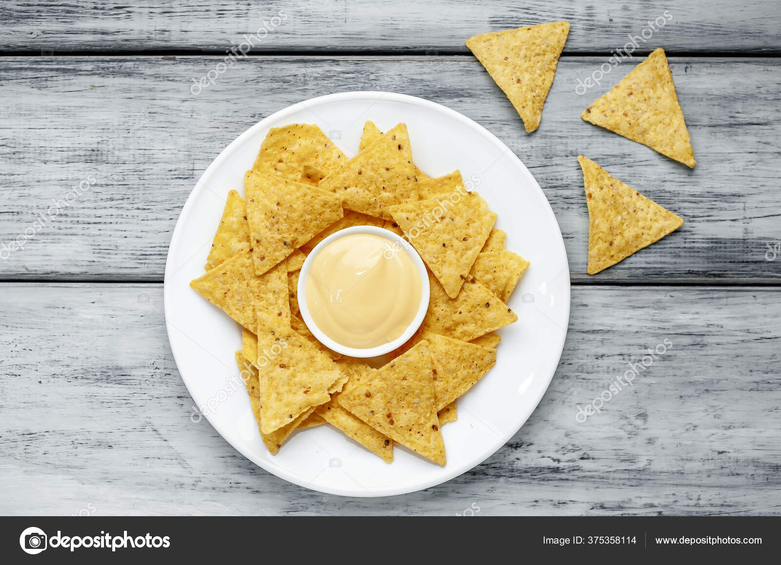 Plate Triangle Shaped Corn Tortilla Chips Sauce Wooden Table Background ...
