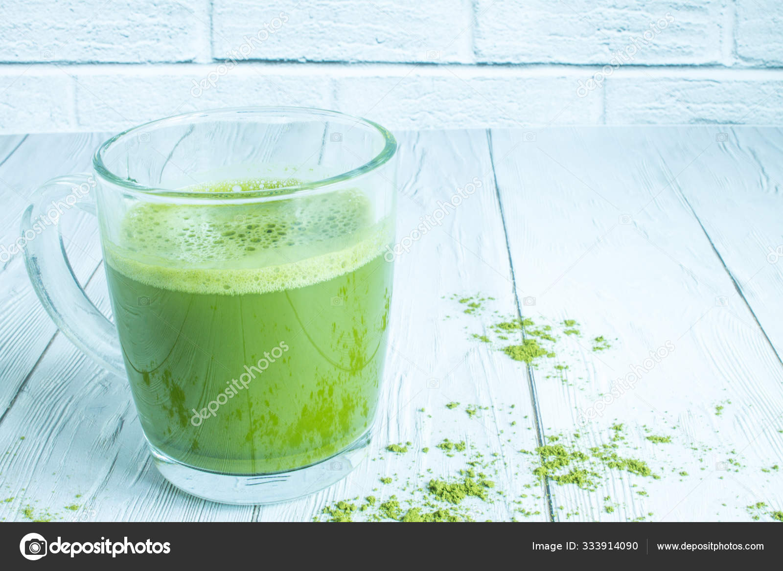 Japanese Green Tea Matcha Transparent Glass Mug Close White Wooden ...