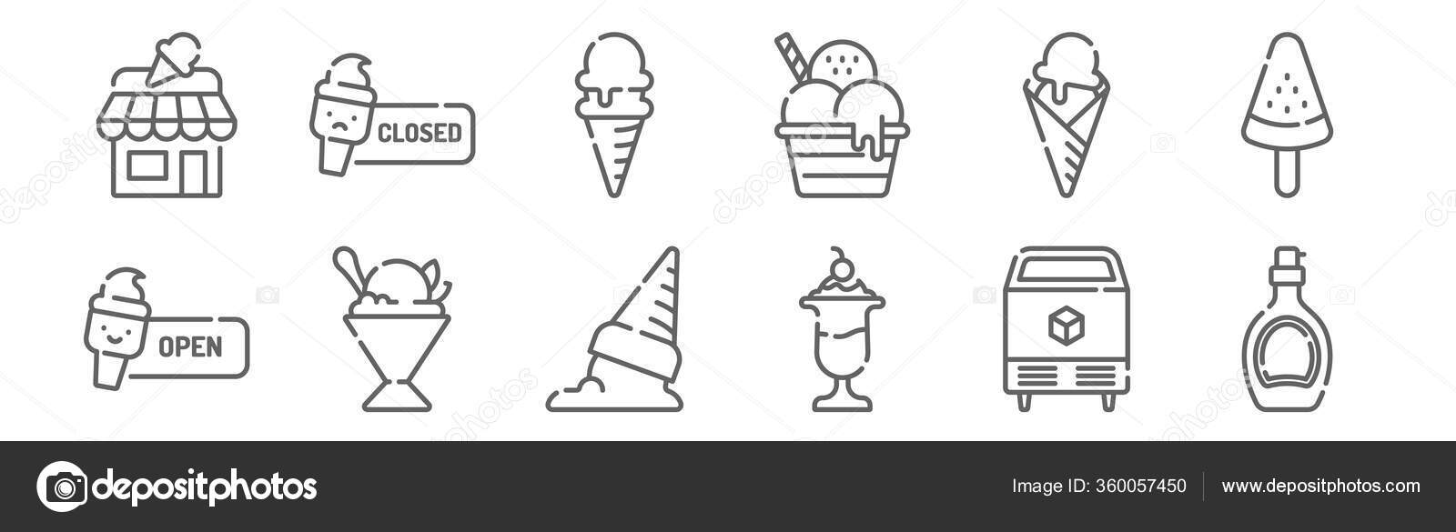Set Ice Cream Shop Icons Outline Thin Line Icons Syrup Stock Vector ...