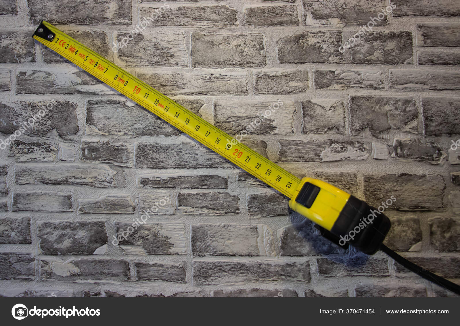Yellow Construction Tape Measure Brick Backgroun — Stock Photo ...