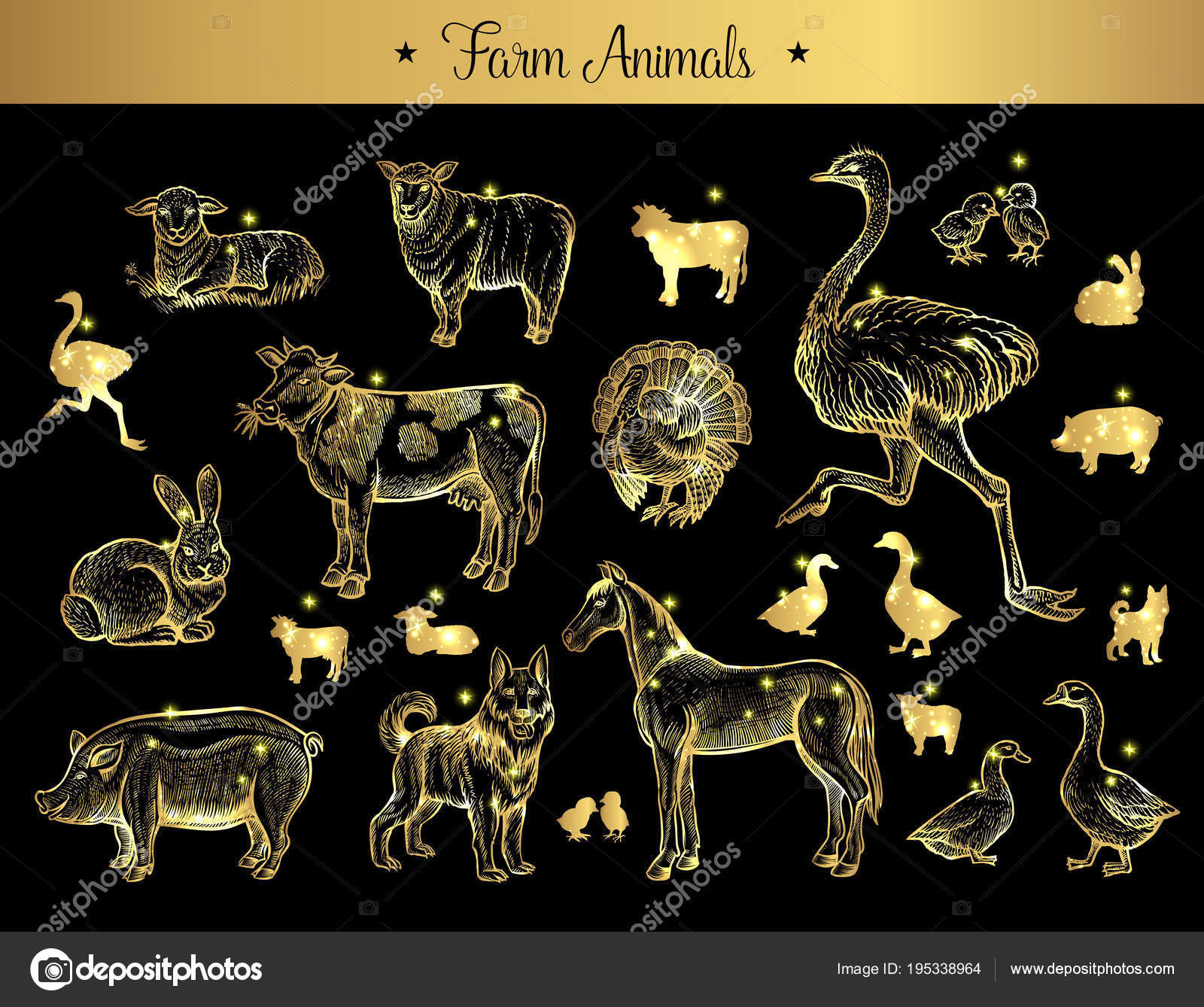 Image vectorielle Ensemble Croquis Vintage Dorés Royaux D'animaux Ferme ...