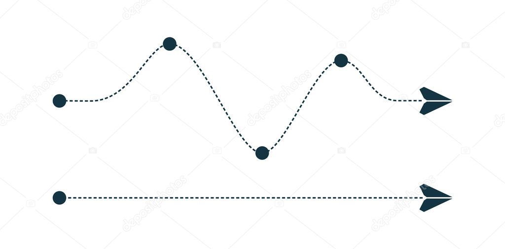 Avión de papel volando a lo largo de la trayectoria punteada a través ...