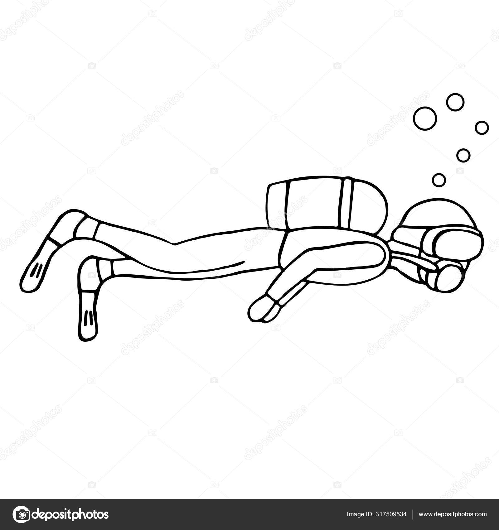 Hombre buceando con una máscara. ilustración vectorial contorno aislado ...