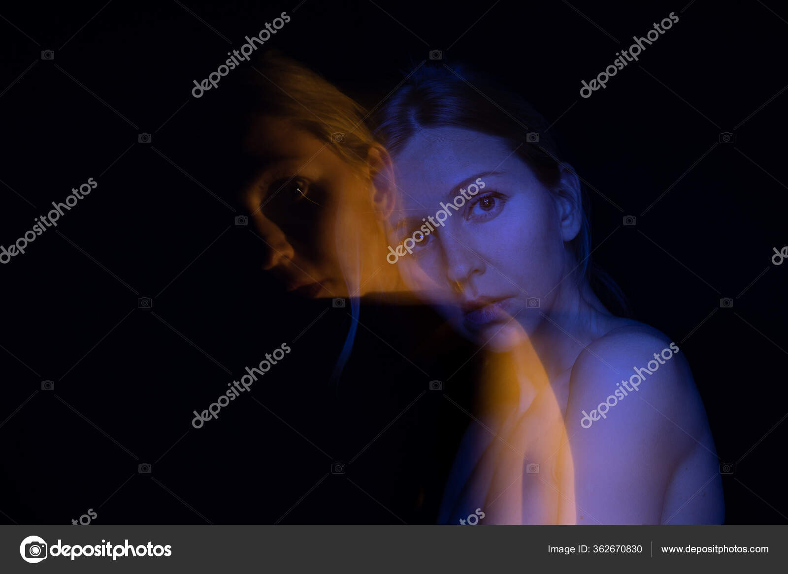 Sensible Double Portrait Young Slim Woman Looking Camera Black ...