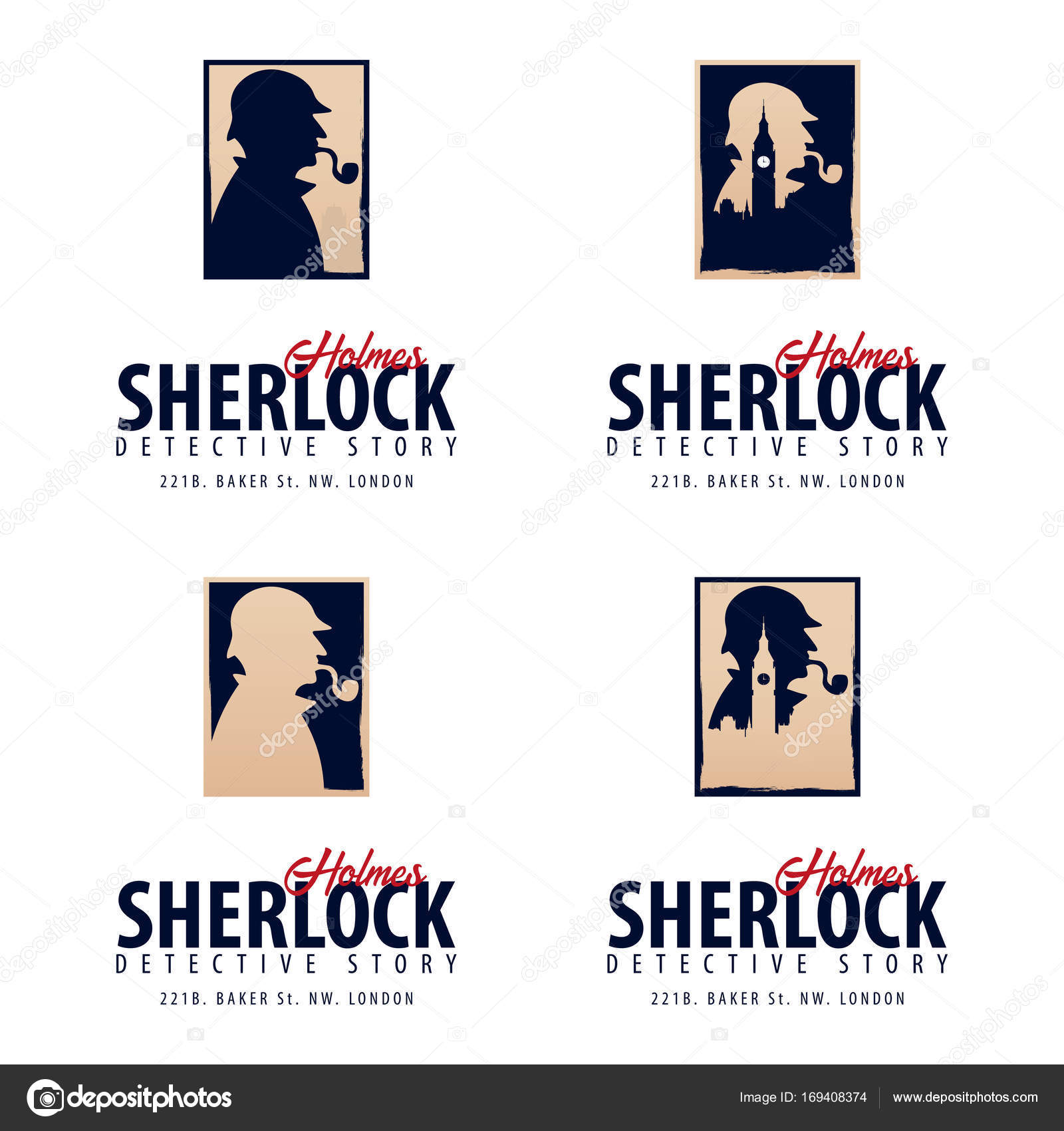 Set of Sherlock Holmes logos or emblems. Detective illustration ...
