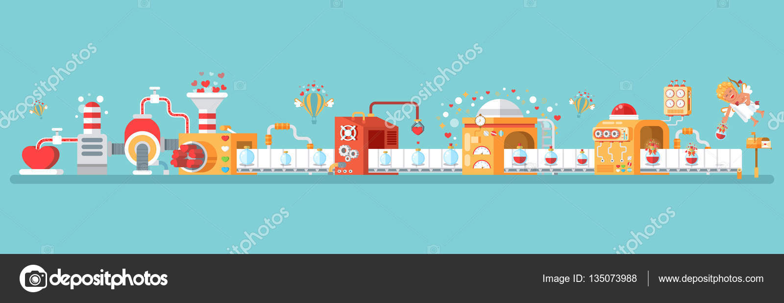 Horizontal illustration of isolated conveyor to create love potion ...