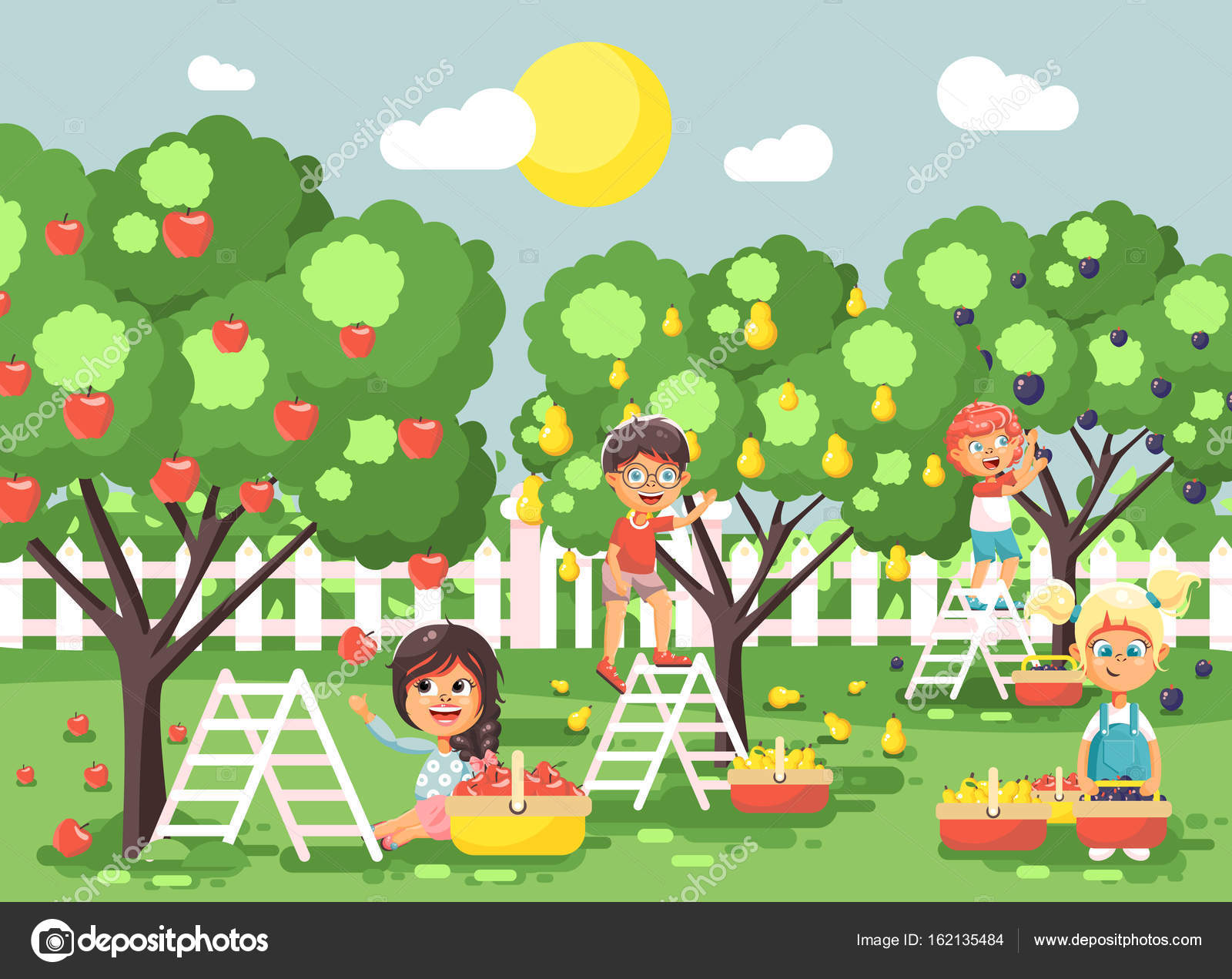 Vector illustration cartoon characters children boys and girls harvest ...