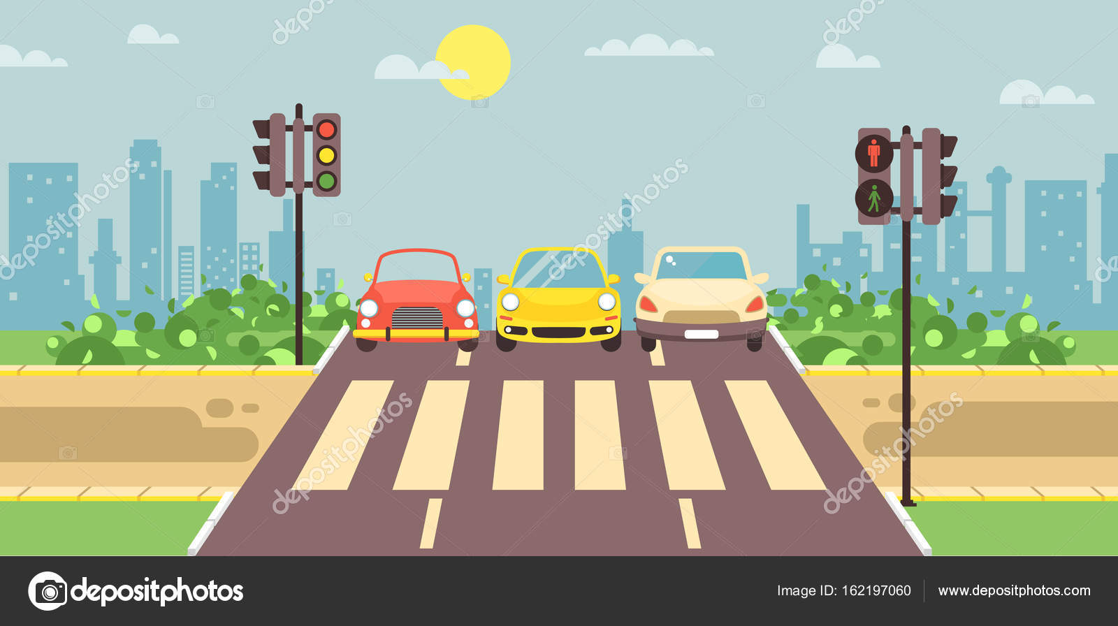 Vector illustration of roadside cartoon landscape with roadway, road ...