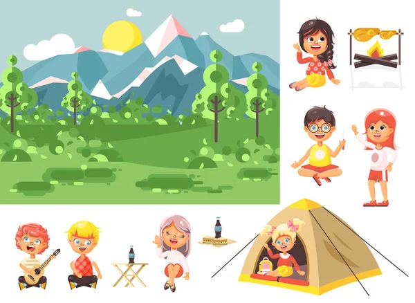 Cartoon Kids Camping Campfire Tent Stock Vector Image by ©Mimosastudio #430407196