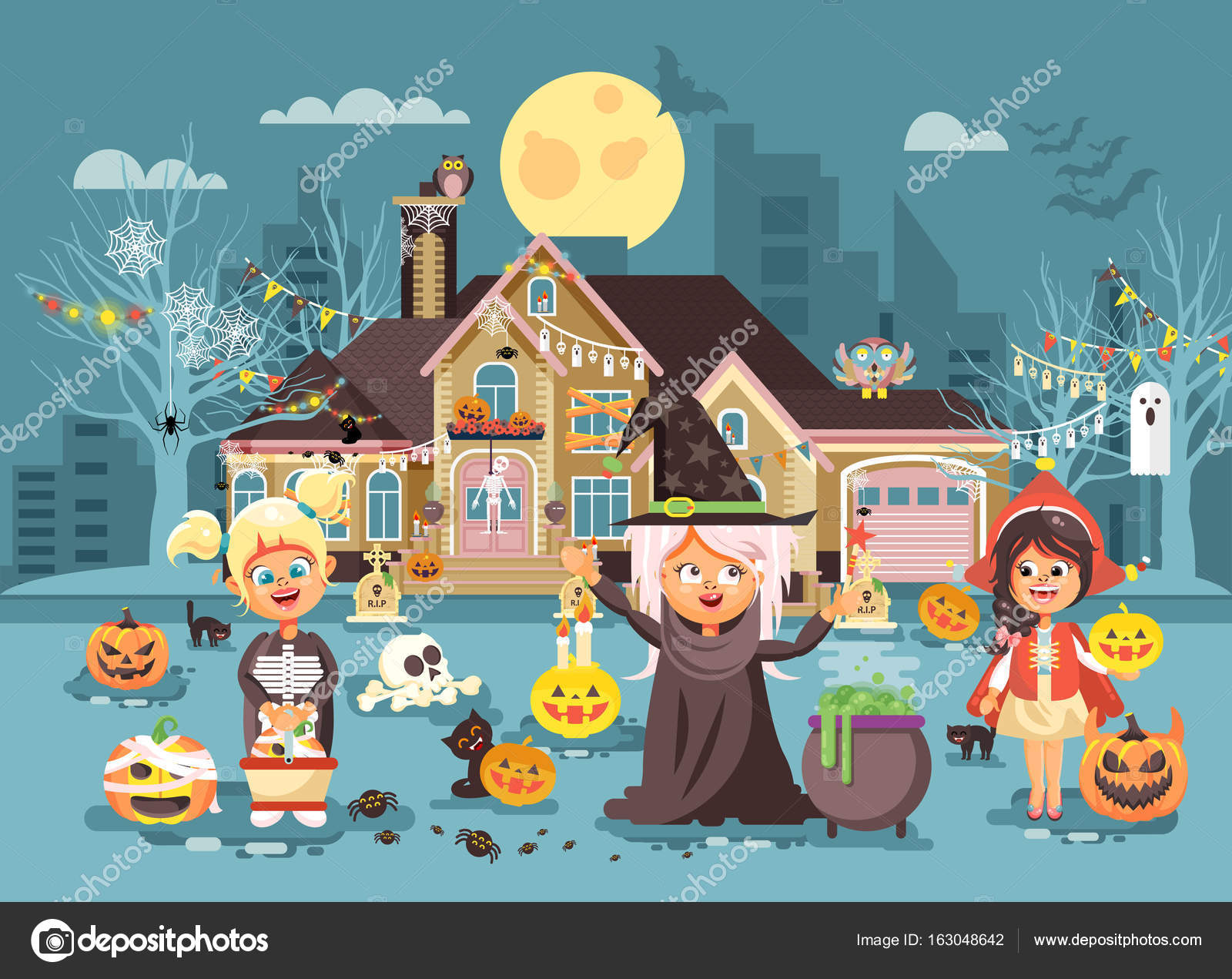 Vector illustration cartoon characters children Trick-or-Treat, girls ...