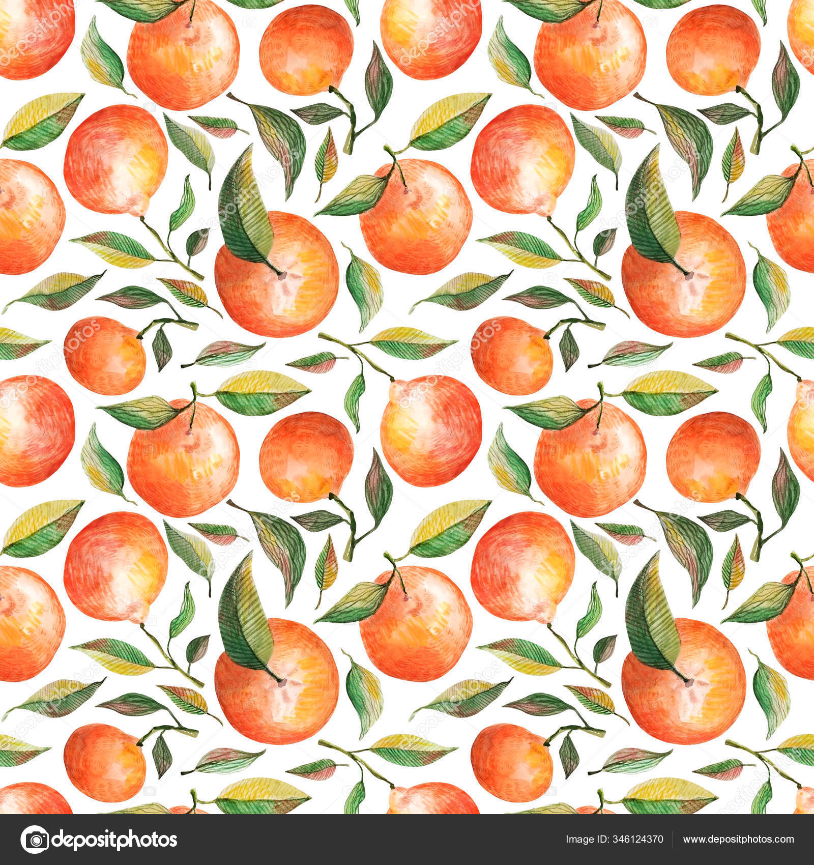 Watercolor seamless pattern with oranges tangerines citrus fruits green ...