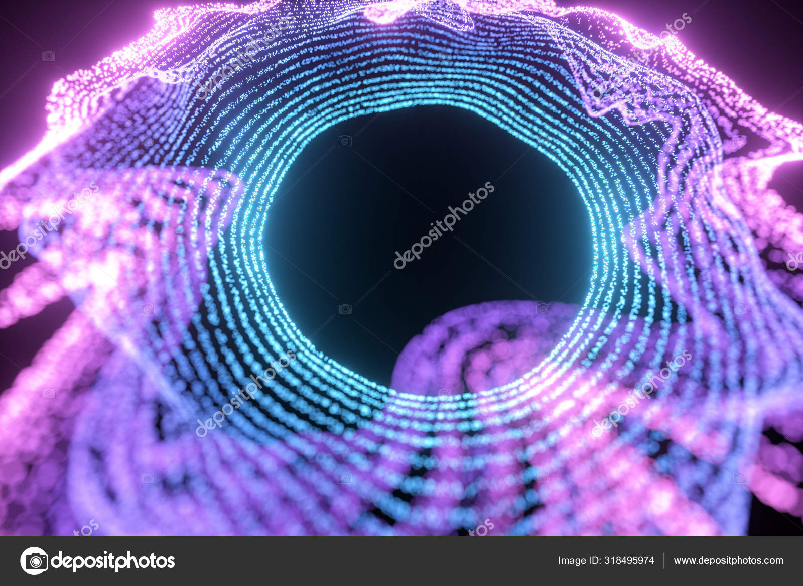 Glowing and flowing particles with dark background, 3d rendering ...