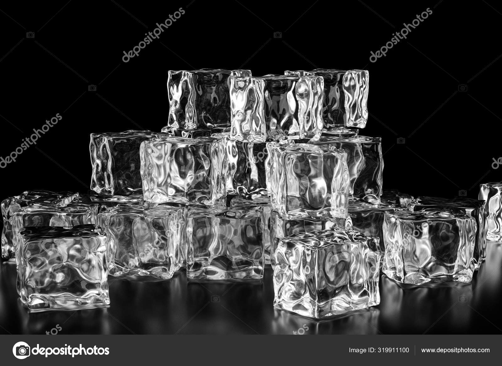 Ice cubes stacked each other with black background, 3d rendering ...