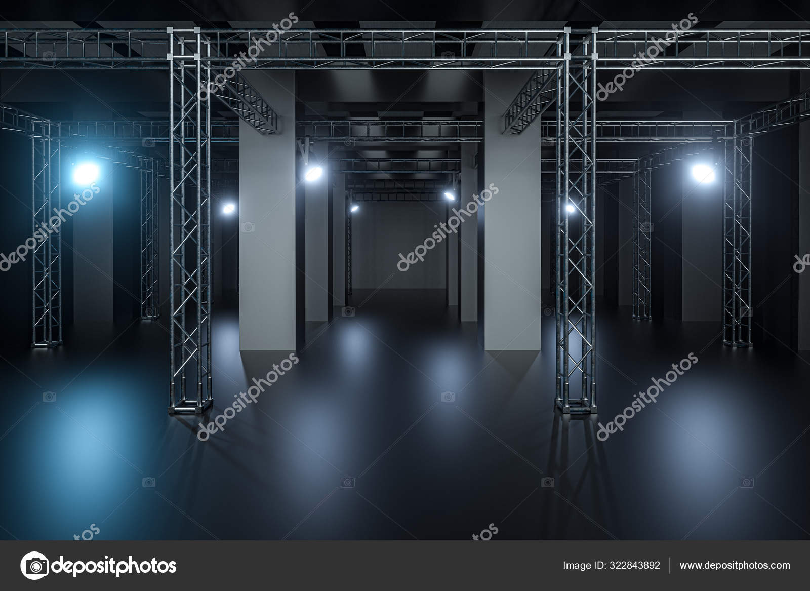 Cement and reinforcement with projector lamps in the dark room, 3d ...